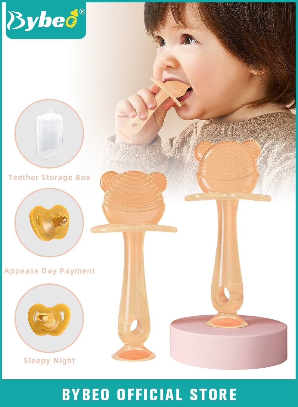 Bybeo 2 Baby Teethers & 2 Infant Silicone Pacifiers With Storage Boxes ...