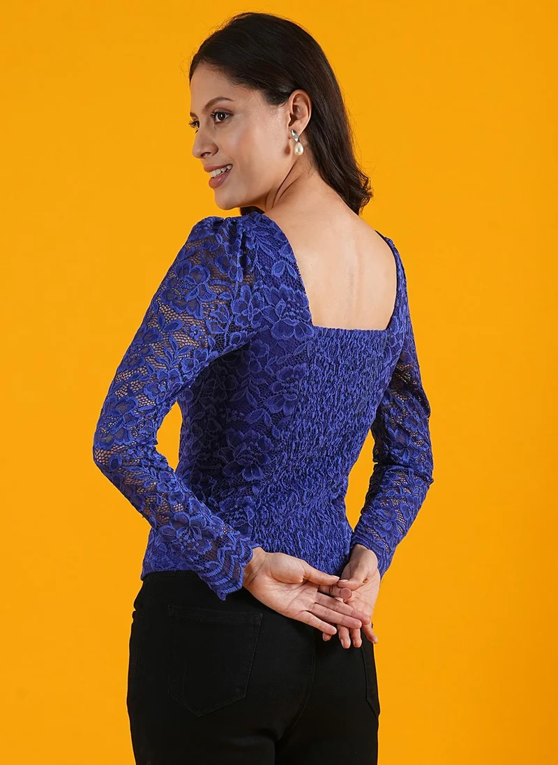 globus Blue Globus Women Sweetheart Neck Puff Sleeves Smocked Floral ...