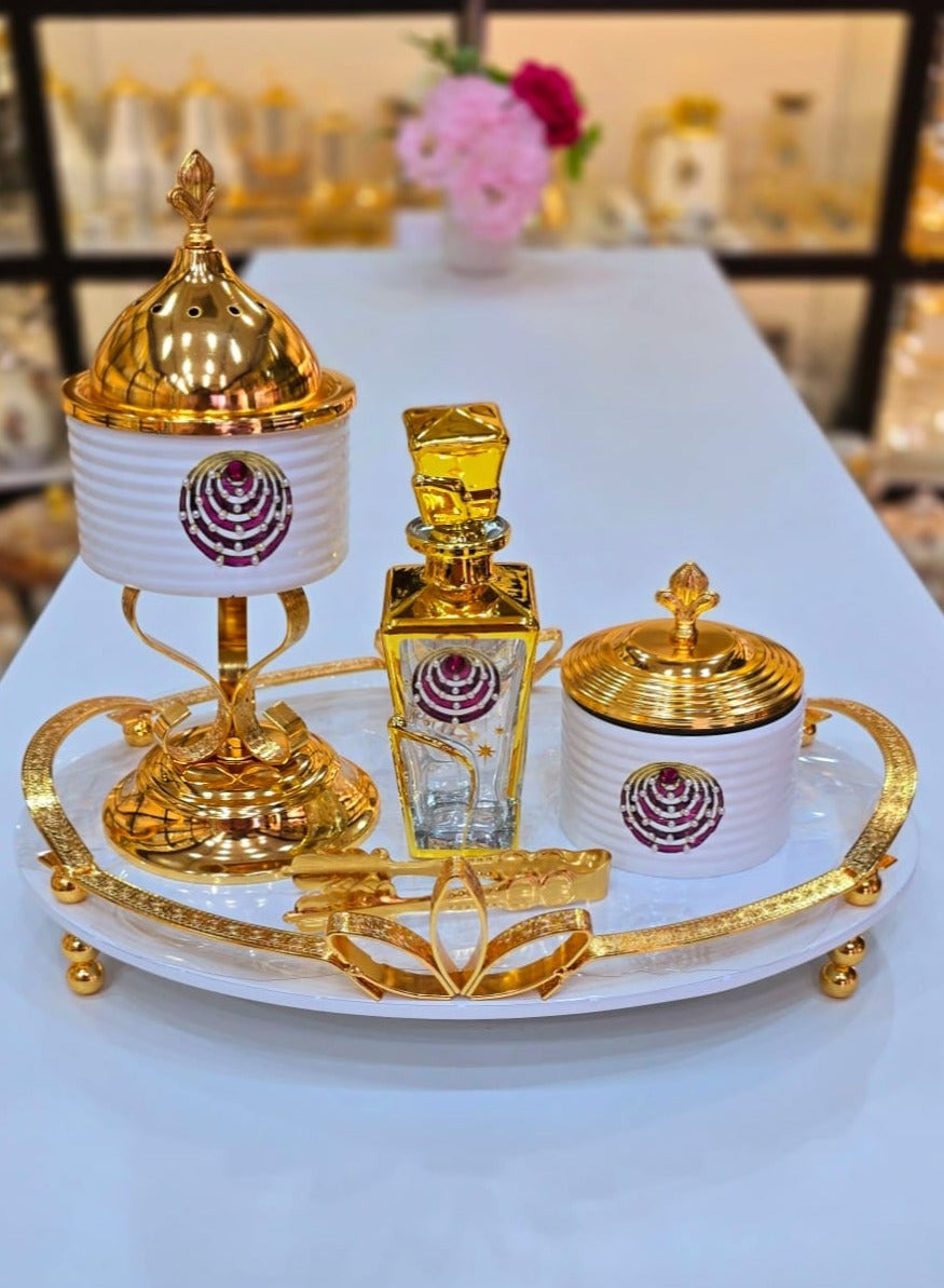 Damanhoor Luxury Bakhoor Burner Gift Set White & Gold With Maroon ...