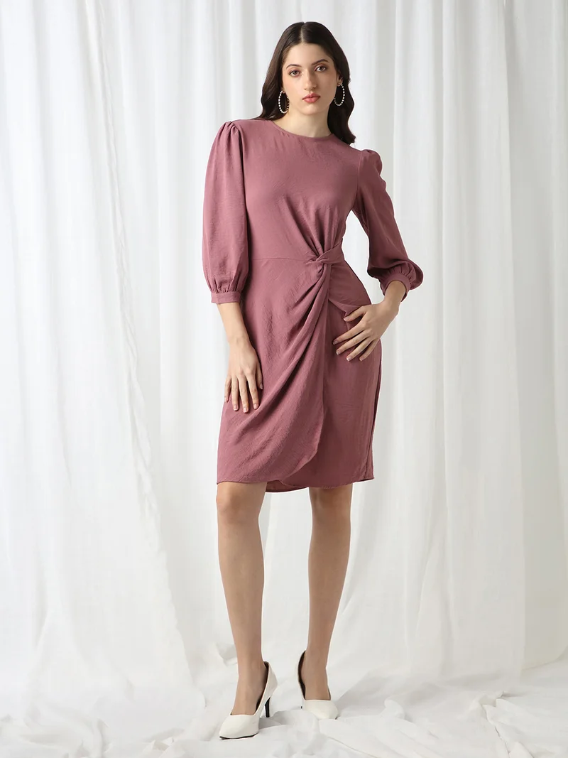 globus Globus Women Pink Round Neck Puff Sleeves Self Design Twisted ...