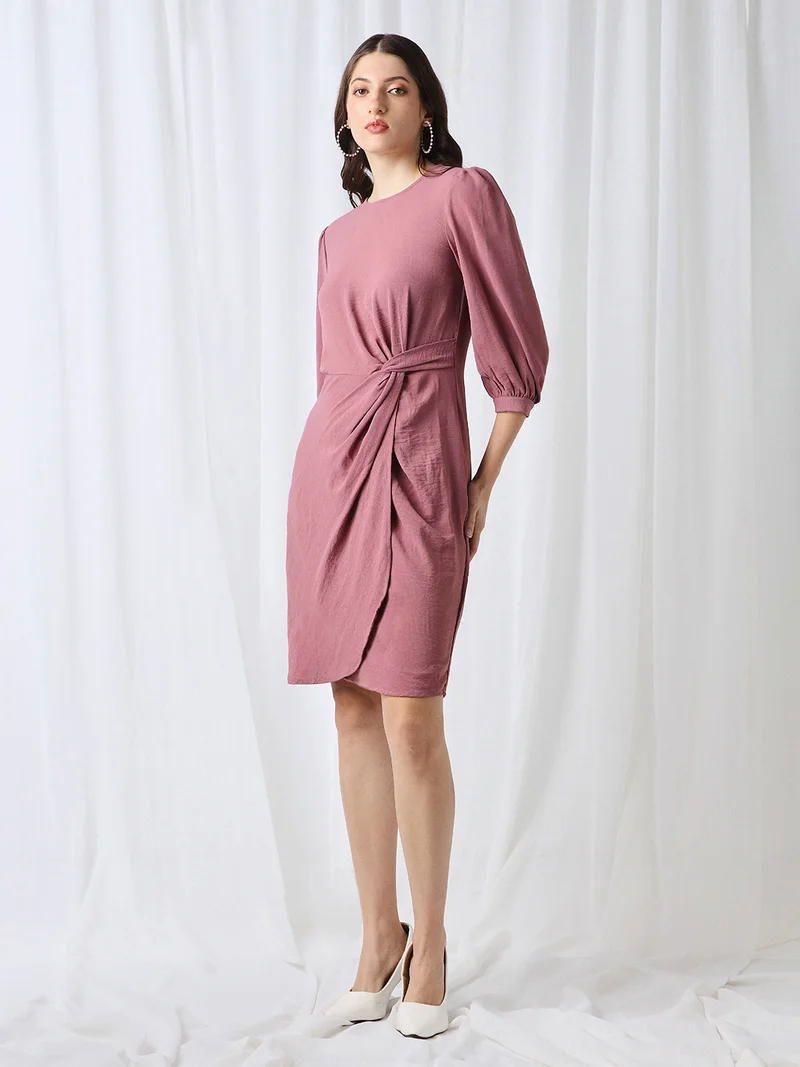 globus Globus Women Pink Round Neck Puff Sleeves Self Design Twisted ...