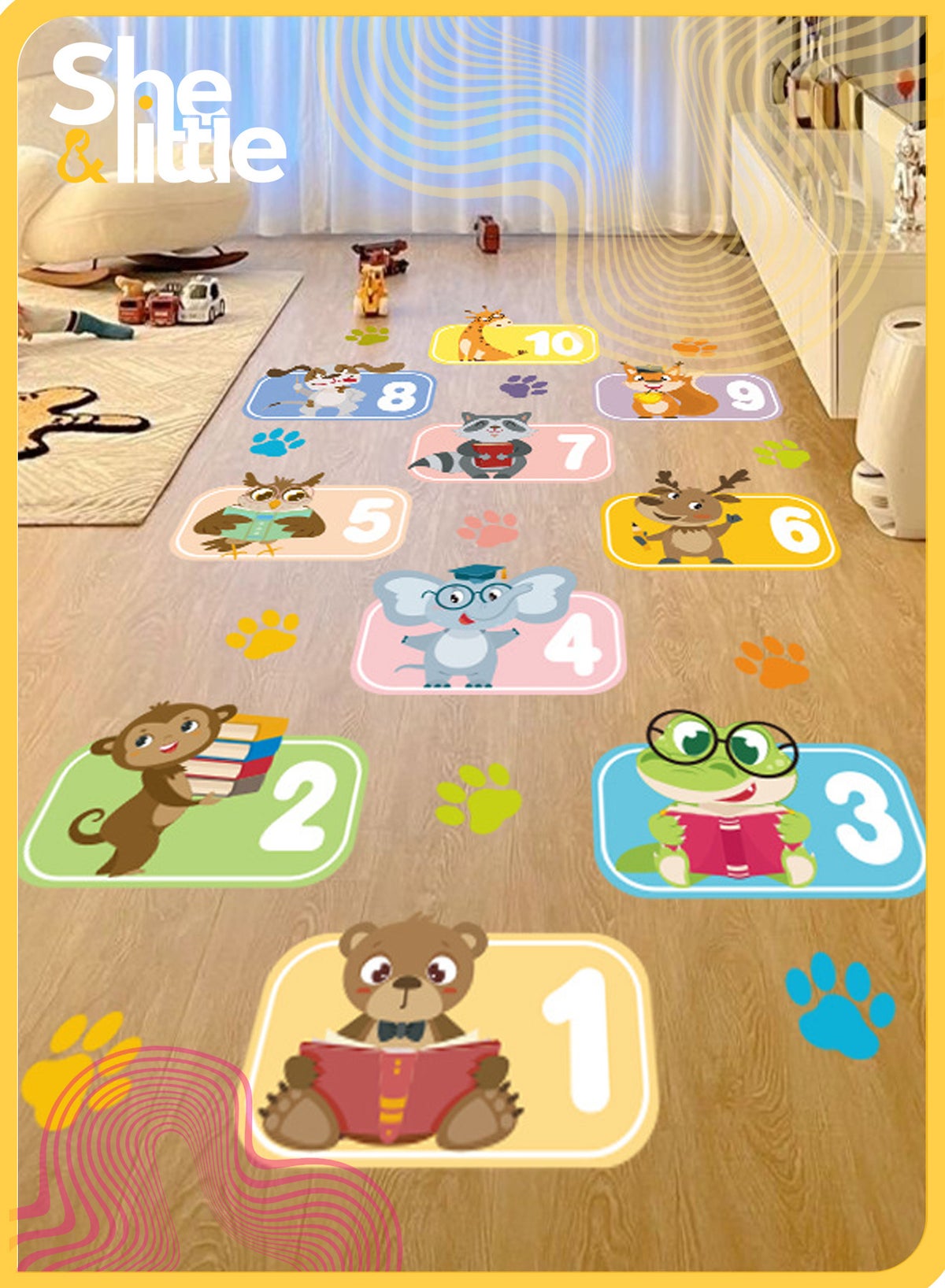 She&Little 3 Roll Animal Number Grid Floor Stickers with Colorful Animal Paw Prints, DIY Wall ...
