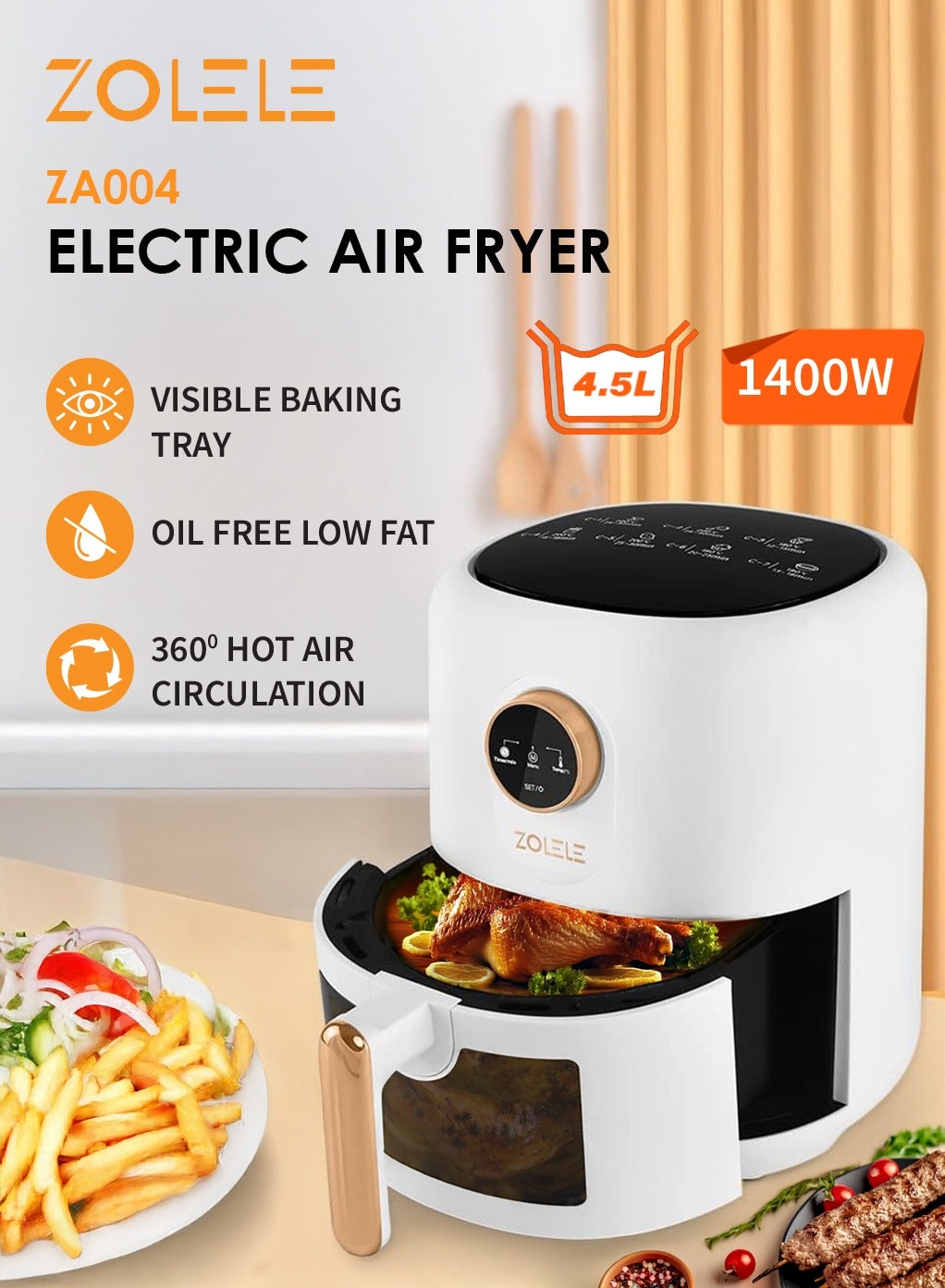 ZOLELE Digital Air Fryer 4.5L Capacity Non-Stick Coating Use No Oil Air Fry Roast Bake Reheat ...