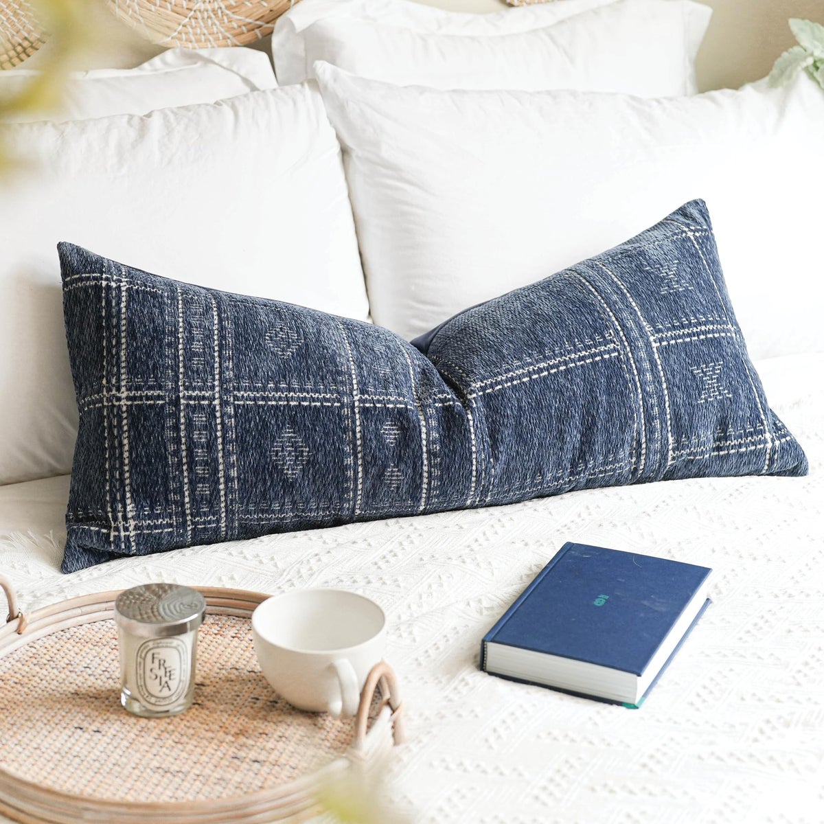 BlissBlush BlissBlush Dark Blue Boho Lumbar Throw Pillow Cover 14X36 ...