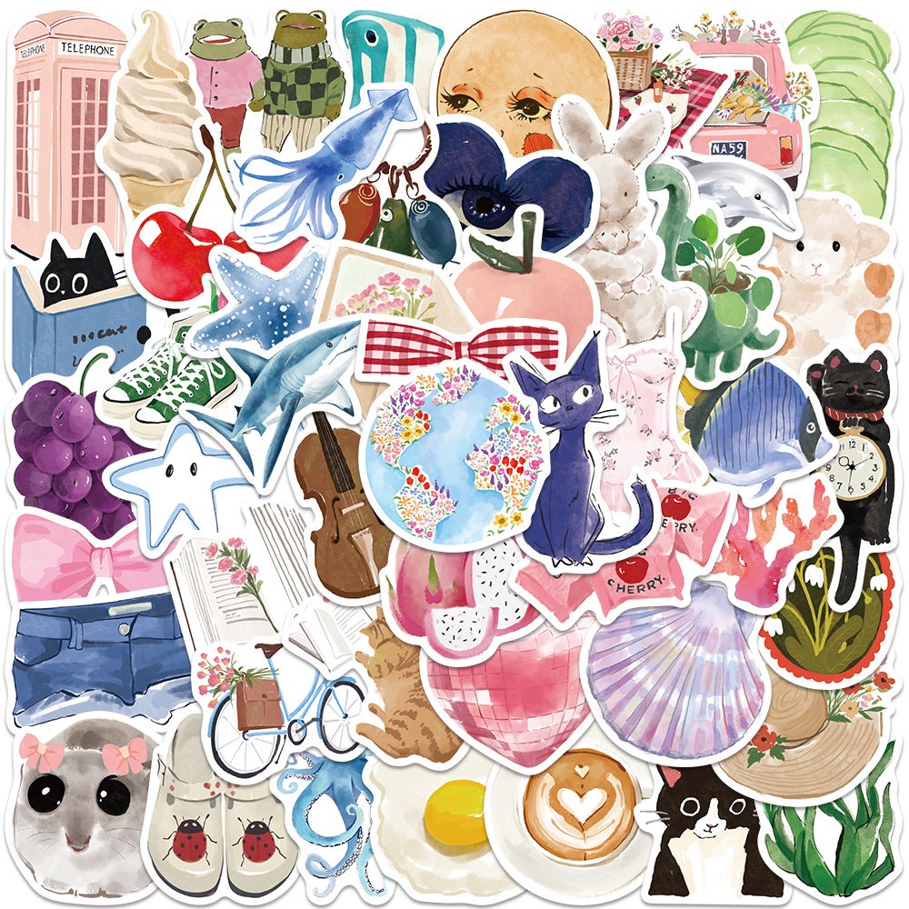 Generic 50 New Color Watercolor Diary Cartoon Stickers Notebook Mobile ...
