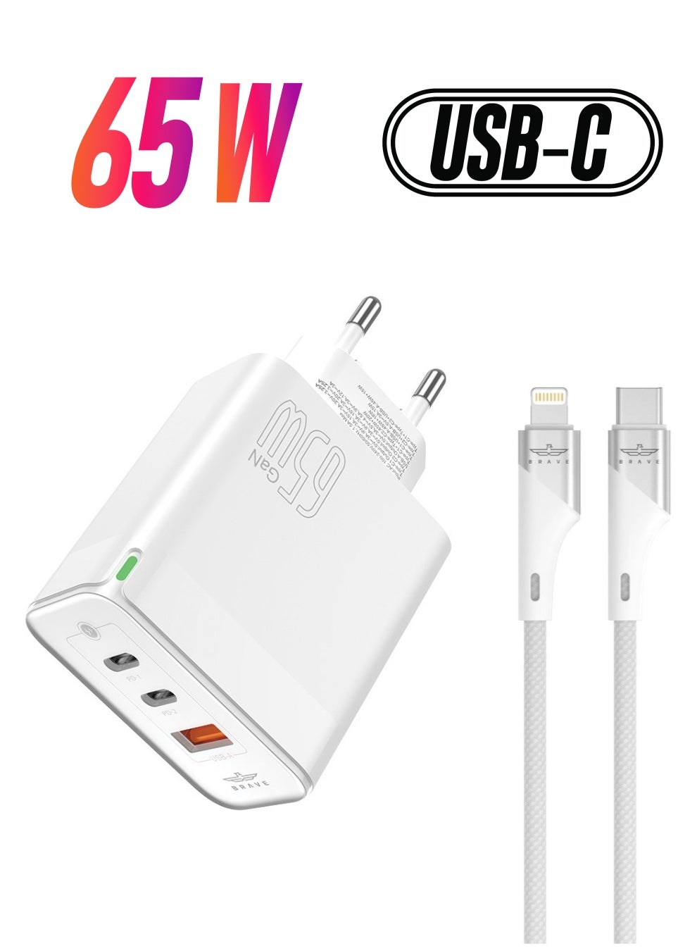 Brave 65W 3-Port GaN Fast Charger Dual PD and USB Port including Type C ...