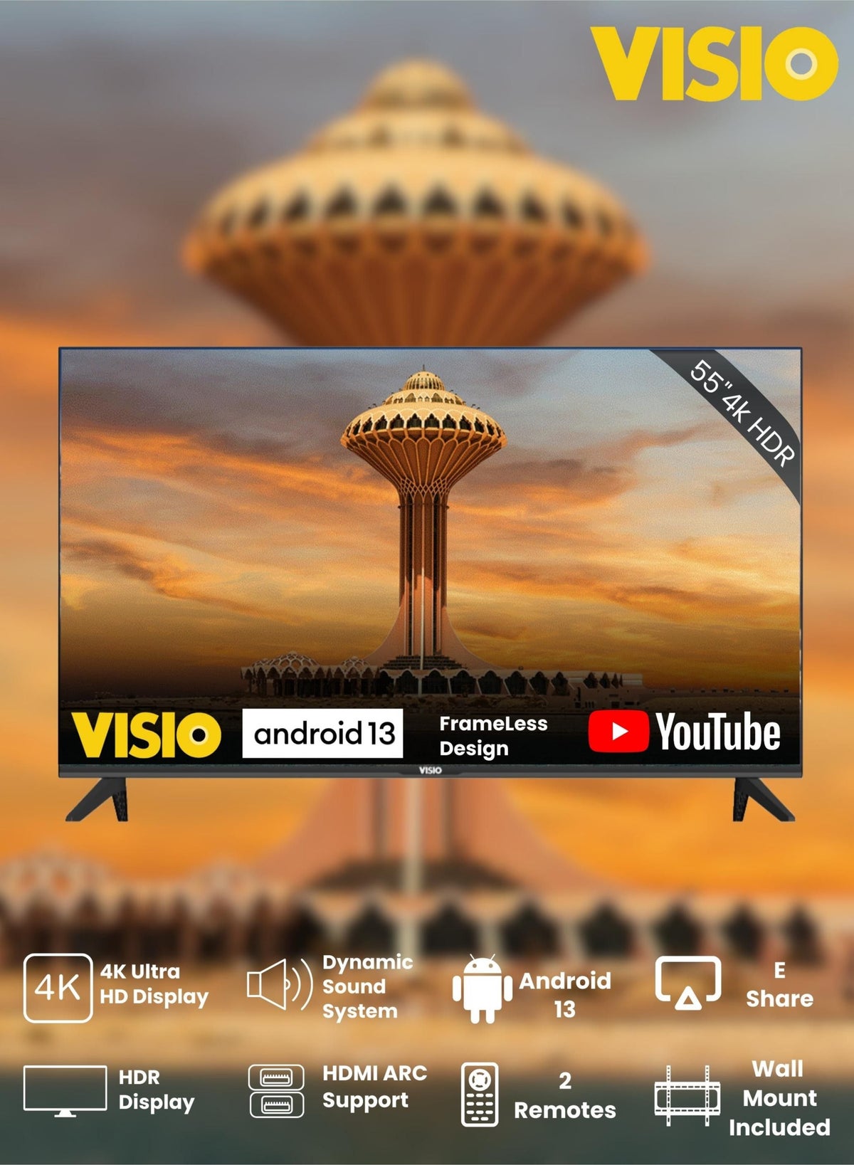 Visio 55-Inch Frameless 4K Smart Android 13 TV with Built-in Satellite ...