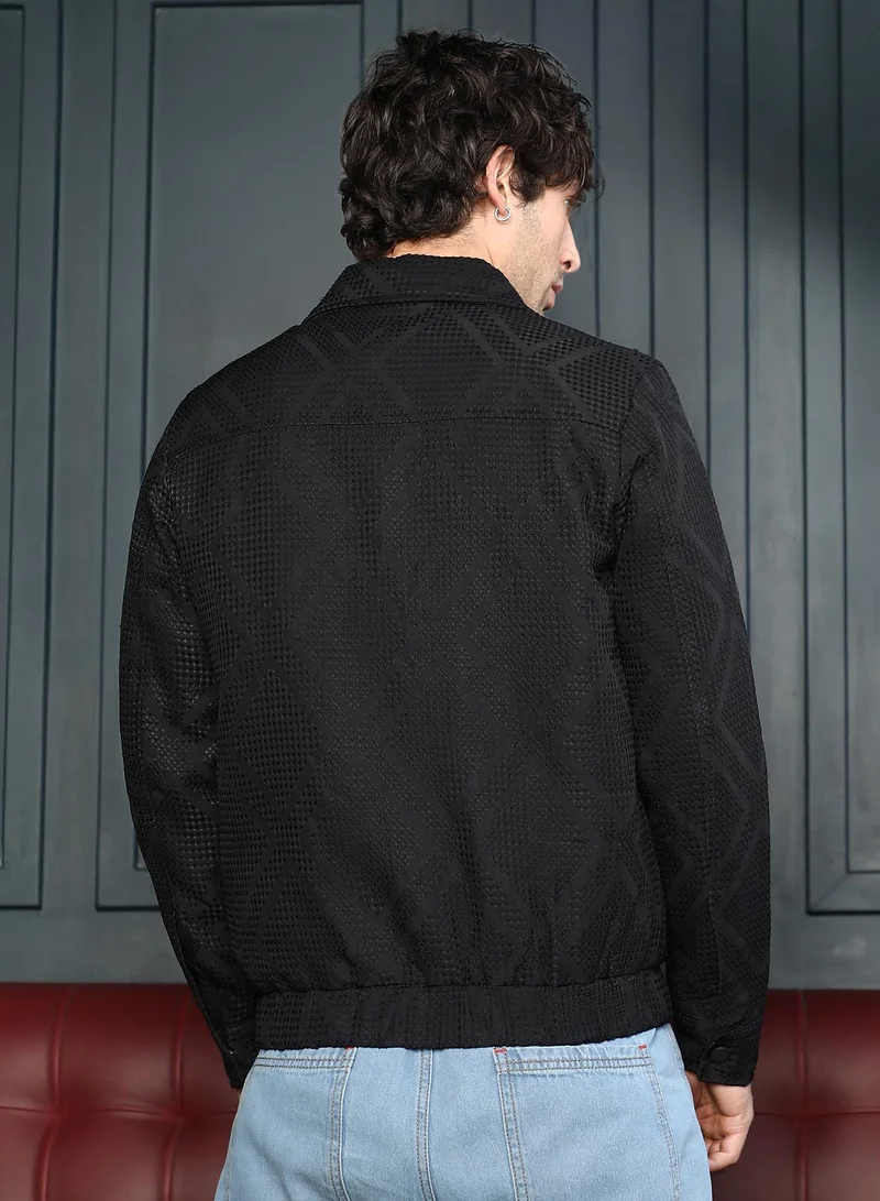 Campus Sutra Men's Onyx Black Rhombus-Jacquard Bomber Jacket for Men ...