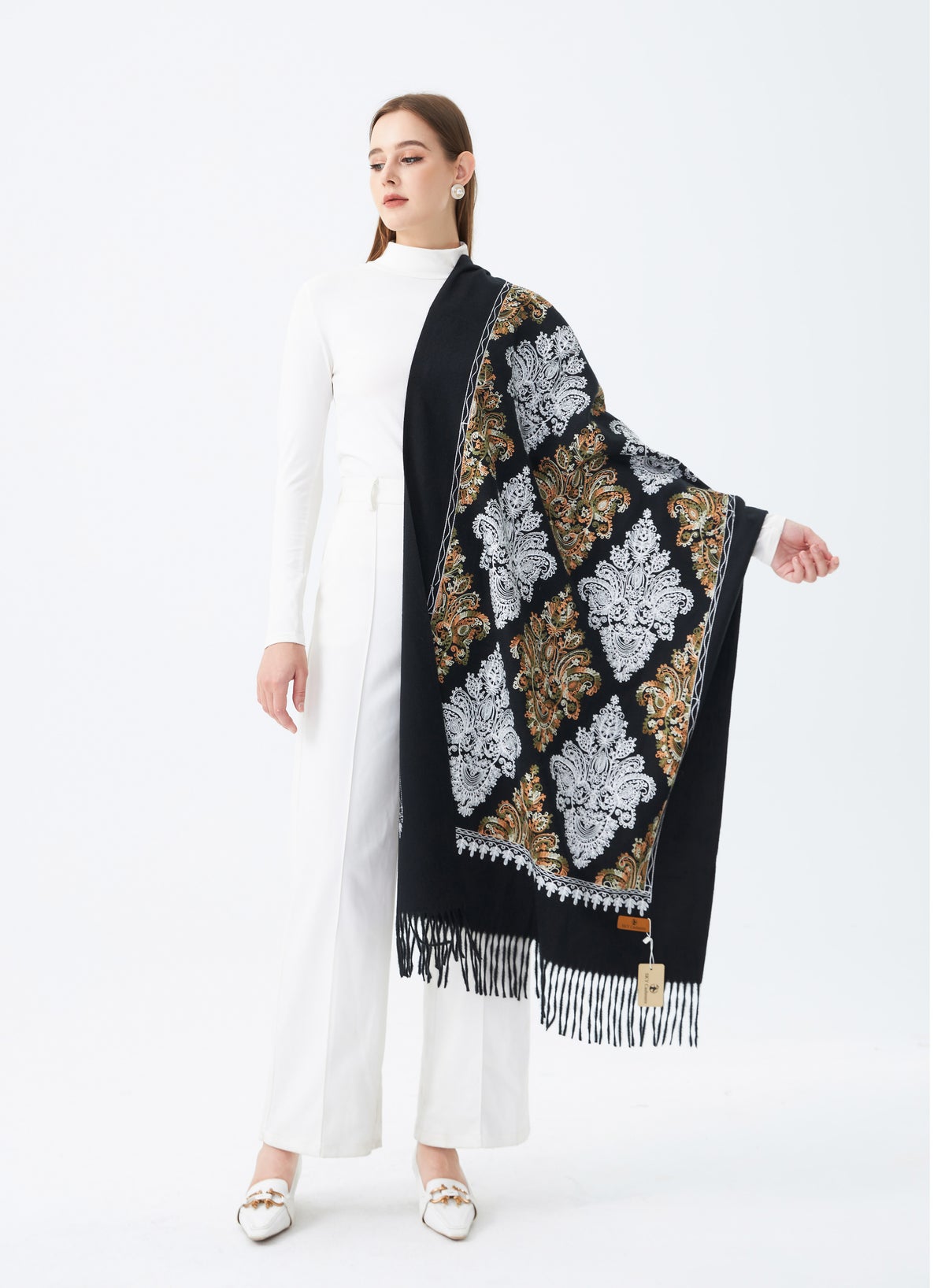 Sky cashmere Embroidered Shawl with Fringe | Best Price UAE | Dubai ...