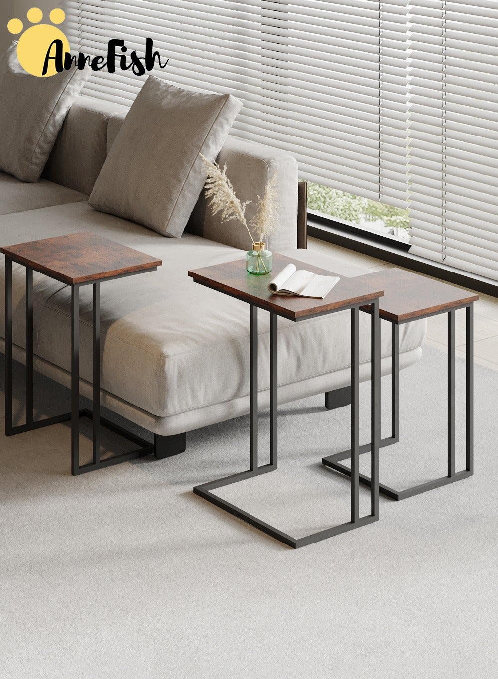 AnneFish 3Pcs C-Shaped Coffee Service Table Set Sofa Side Nesting Table ...