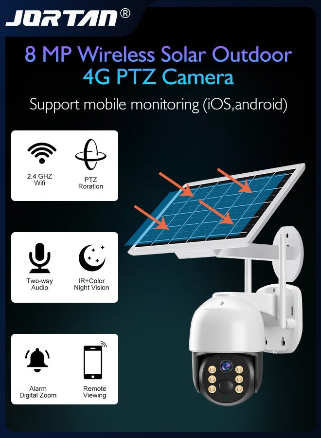 JORTAN 8MP 4G SIM Card & Wifi Solar Security Camera Outdoor Wireless Low Power Consumption ...