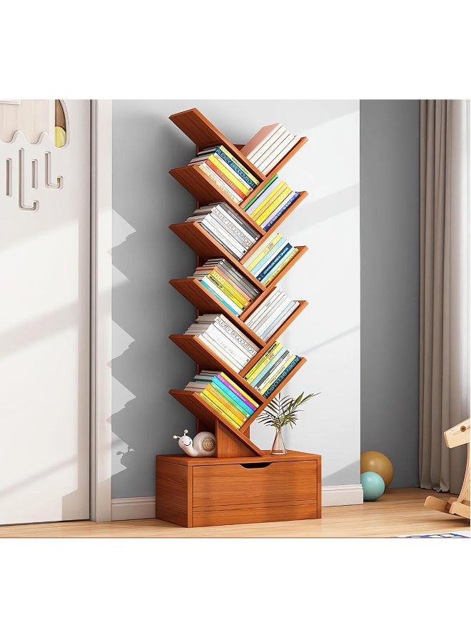 JOMILA 10-Tier Tree Bookshelf, 10 Shelves with Drawer, Modern Book ...