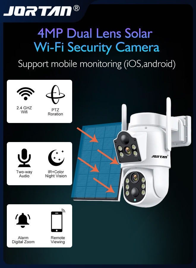 JORTAN 4MP Wi-Fi Solar Security Camera Outdoor Wireless Low Power ...