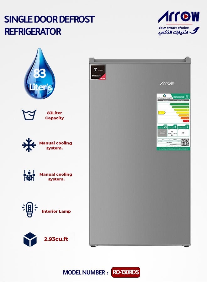 Arrow ARROW SINGLE DOOR DEFROST REFRIGERATOR, 83L, 2.9 Cubic Feet, Door material -Metal, INOX ...