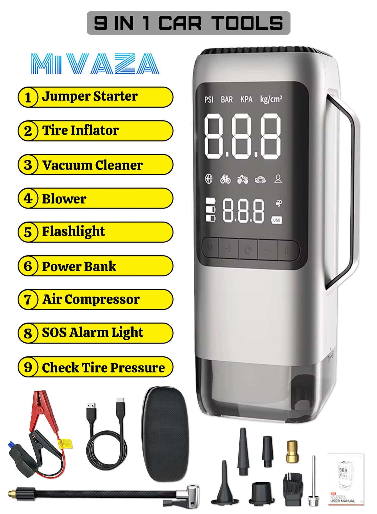 Mi VAZA Car Jump Starter - 9 in 1 Multi-function Car Tool - 12V - Tire ...
