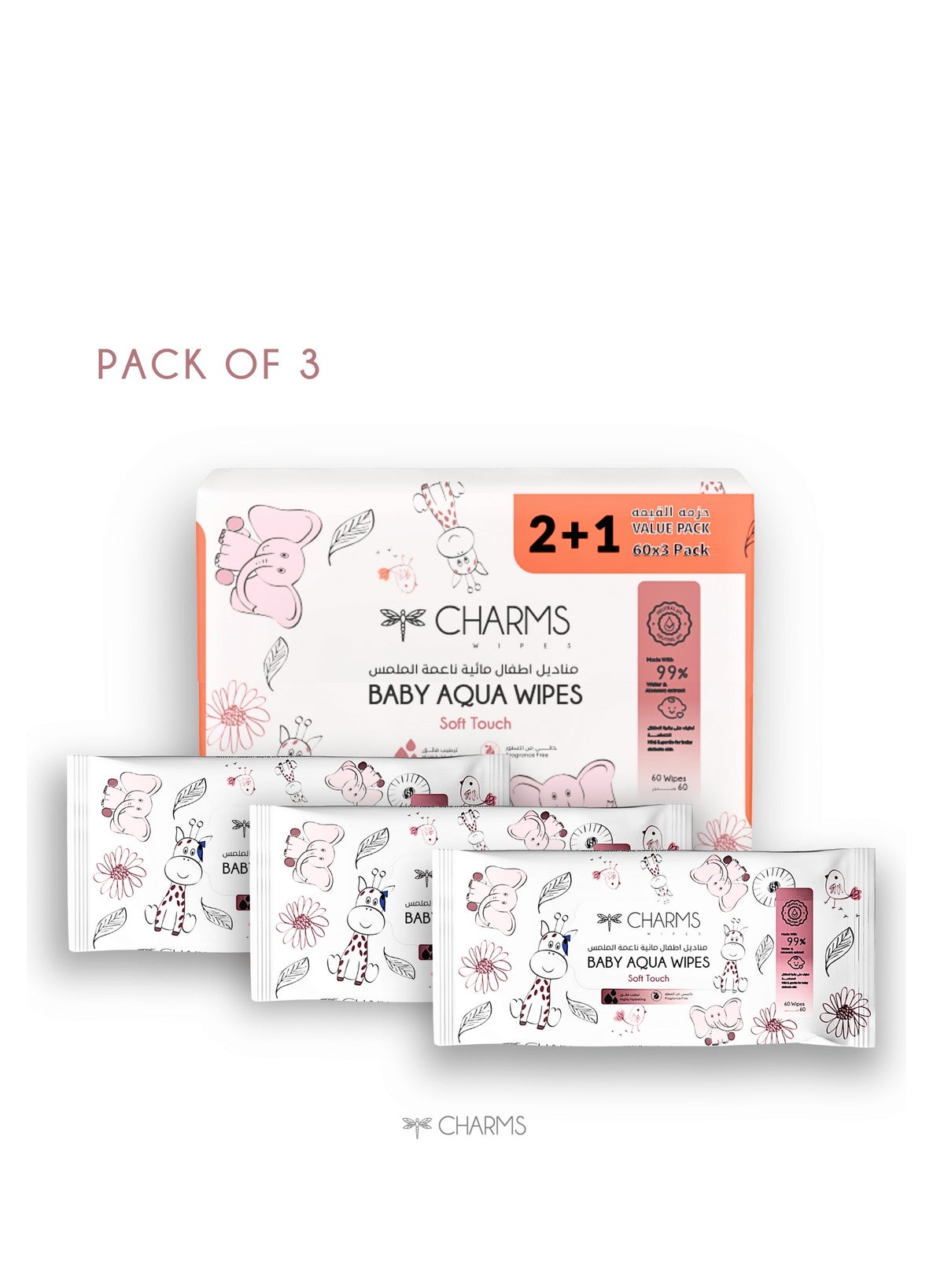 Charms Baby Aqua Wipes, 60 Sheets (2+1 Value Pack)- Gentle Cleansing ...
