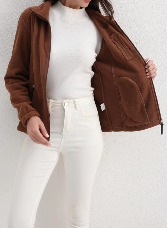 Take Two Take Two Coffee Brown Fleece Jacket with Zip Pockets for Women ...