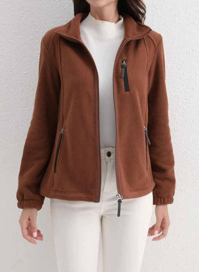 Take Two Take Two Coffee Brown Fleece Jacket with Zip Pockets for Women ...