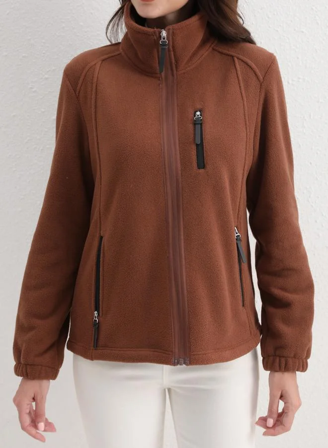 Take Two Take Two Coffee Brown Fleece Jacket with Zip Pockets for Women ...