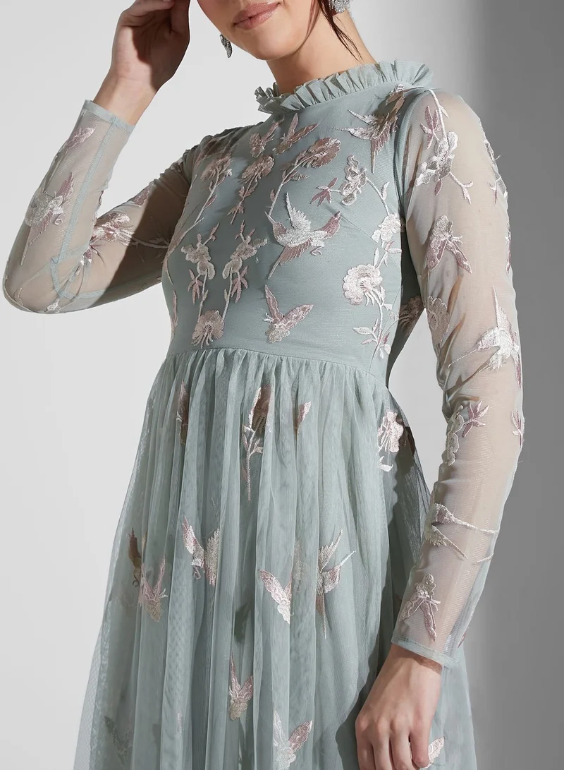 Frock and Frill High Neck Floral Mesh Detail Dress for Women | Best ...