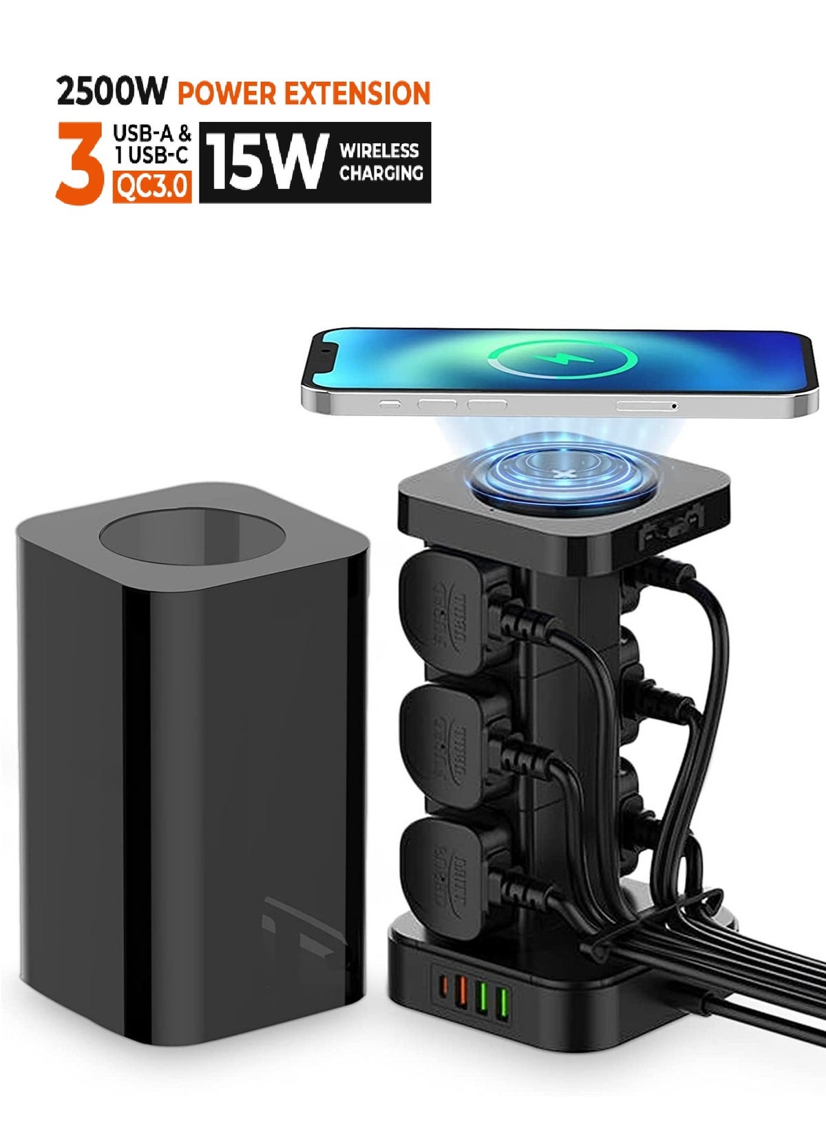 LDNIO 3 in 1 Power Extension Cord With Wireless Charger And Cable ...