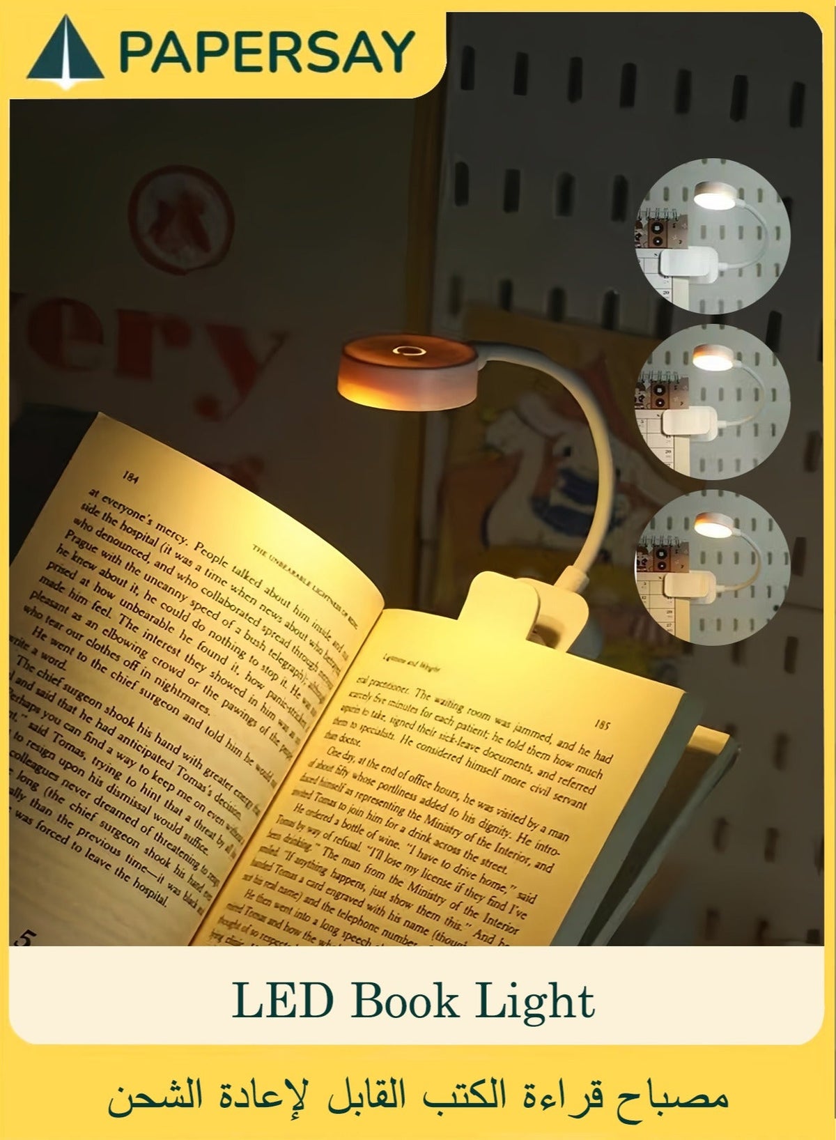 PAPERSAY Rechargeable Book Reading Light Lamp, LED Book Light for ...
