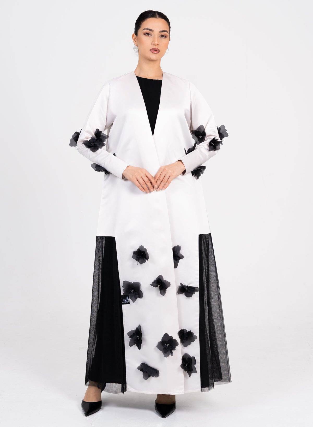 Rosette Abaya OffWhite abaya with Black flowers embroidery design ...
