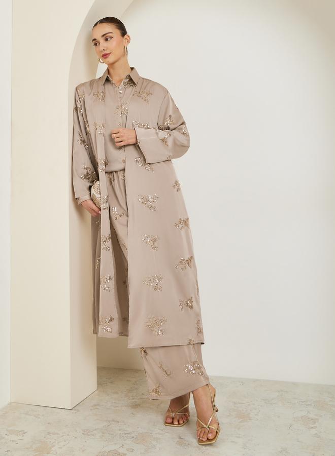 Styli Beige Sequin Satin Kimono | Best Price KSA | Riyadh, Jeddah