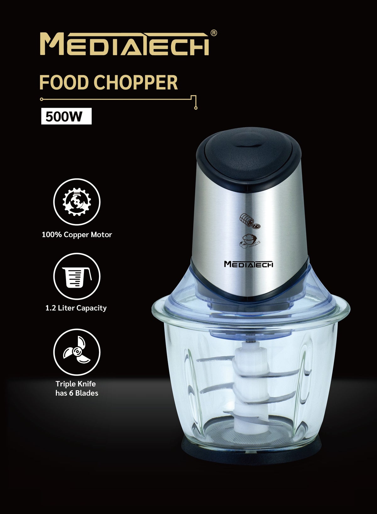 Mediatech Food Chopper | 1.2L Stainless Steel Bowl | 500W | 6 Stainless Steel Blades | 100% ...