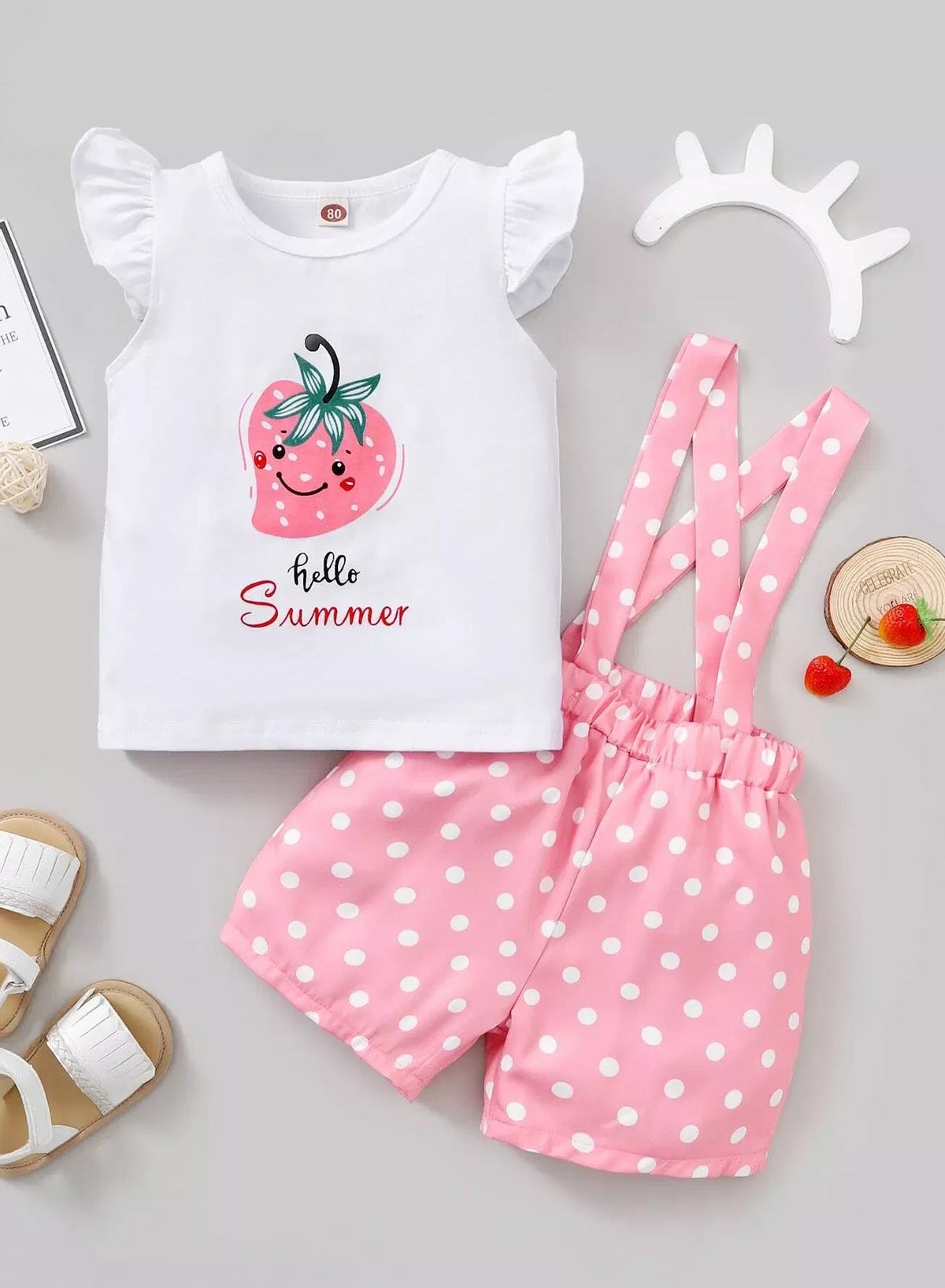 Generic Baby Girl Strawberry & Slogan Graphic Top & Pinafore Shorts ...
