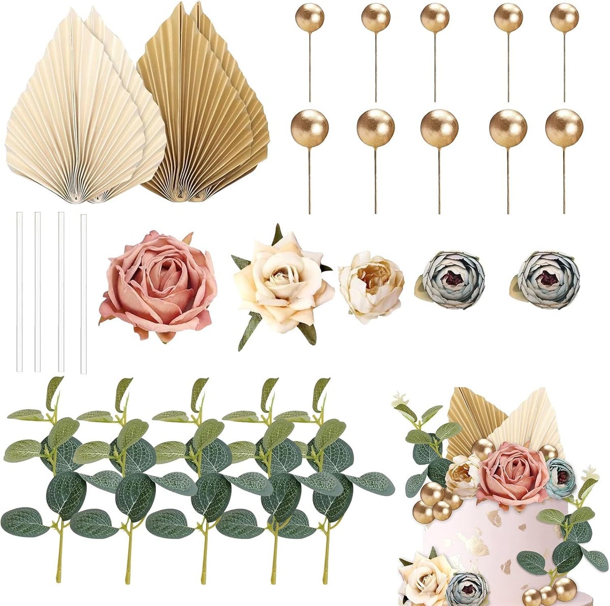 Generic Champagne Rose Cake Decorations, Gold Palm Leaves, Mini Balls ...
