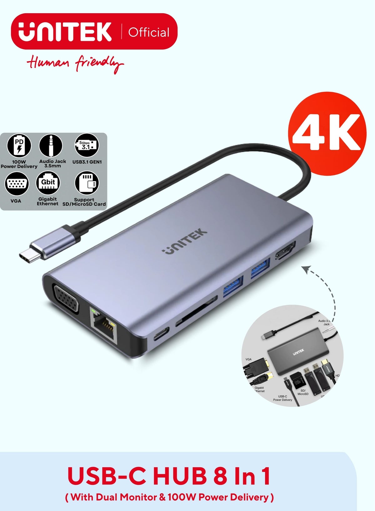 UNITEK USB-C Dual Display Hub 8-IN-1 with USB 5Gbps and PD 100W ...