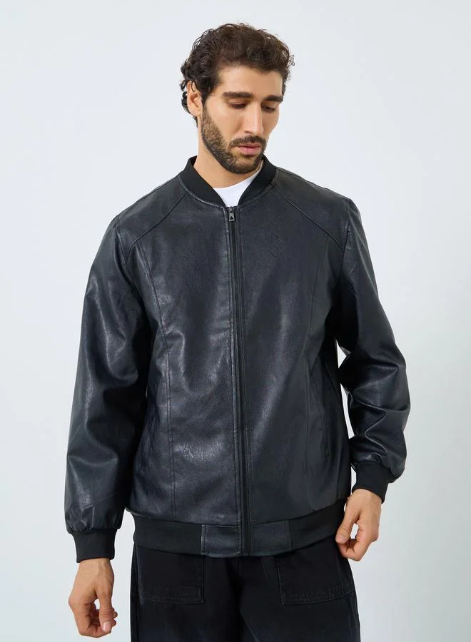 Styli Men Relaxed Fit Leather Look Jacket with Zip for Men | Best Price ...