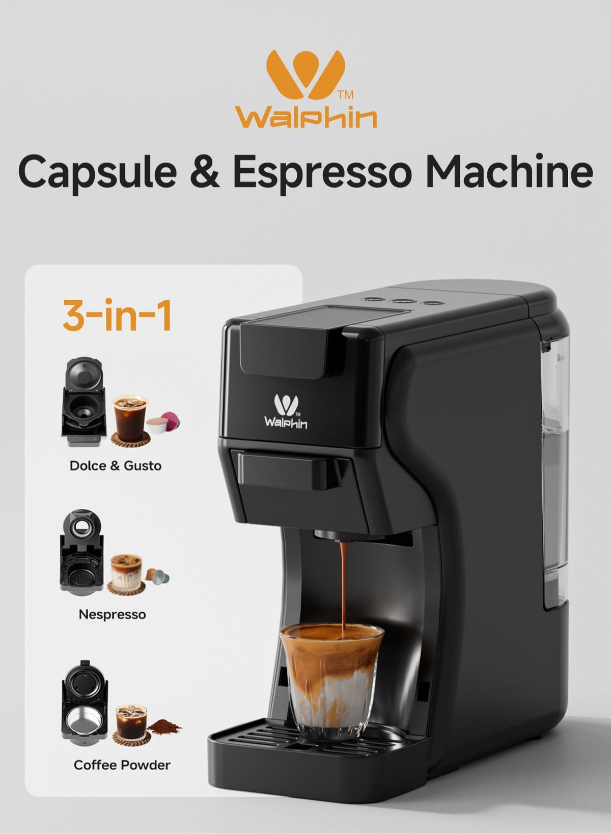 Walphin 3in1 Coffee Maker19Bar Multicapsule Espresso Coffee Machine ...
