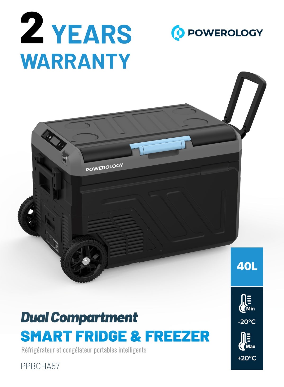Powerology Portable Fridge 40L with Dual Compartment and Trolly / Smart ...
