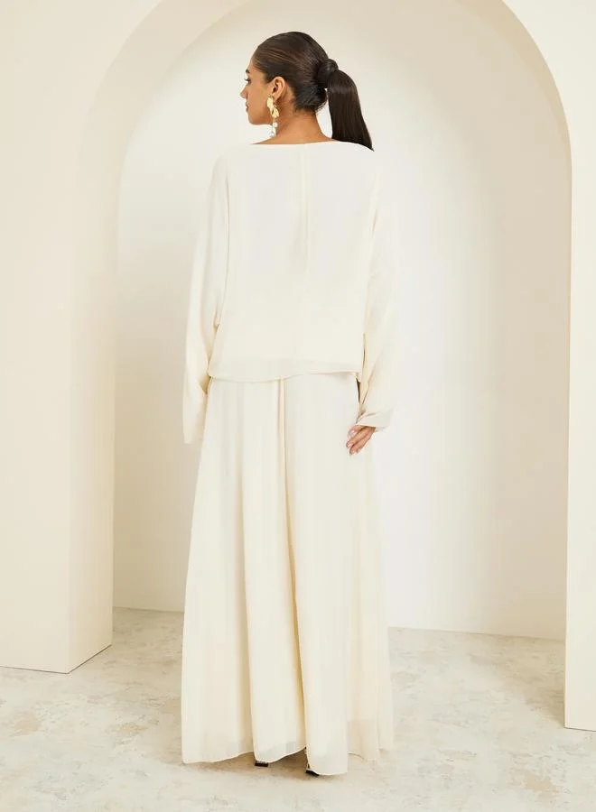 Styli Women Off White Chiffon Top with Maxi Skirt Co-Ords for Women ...