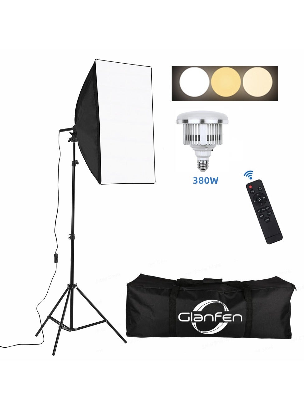 Glanfen Studio Photography Lighting Kit with 380W 3 Colors Remote LED Bulbs,SoftBoxes and Carry ...