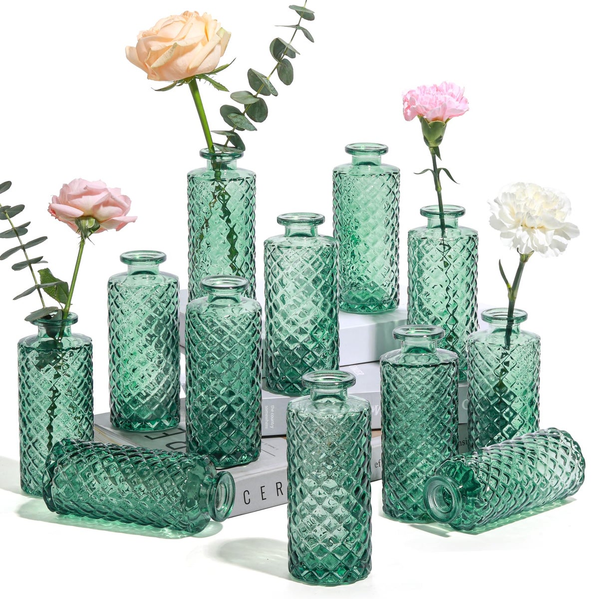ComSaf ComSaf Glass Bud Vases Set of 12 Small Diamond Bud Vases in Bulk Mini Flowers Vases for ...