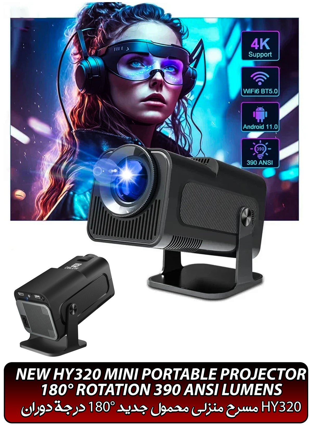 DBLEW 390ANSI Lumens HD Smart Projector Android 11 Portable Mini Cinema ...