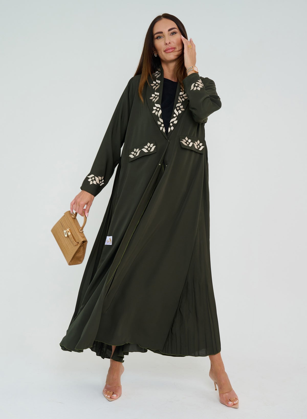 Rosette Abaya French cut Abaya with pleated side & Embroidery Design ...