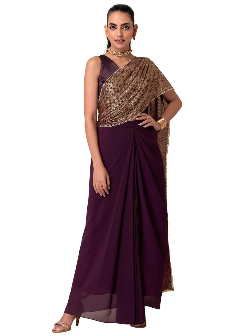 indya Indya X Ashish Soni Sangria Purple Foil Pleated Pre-Stitched ...