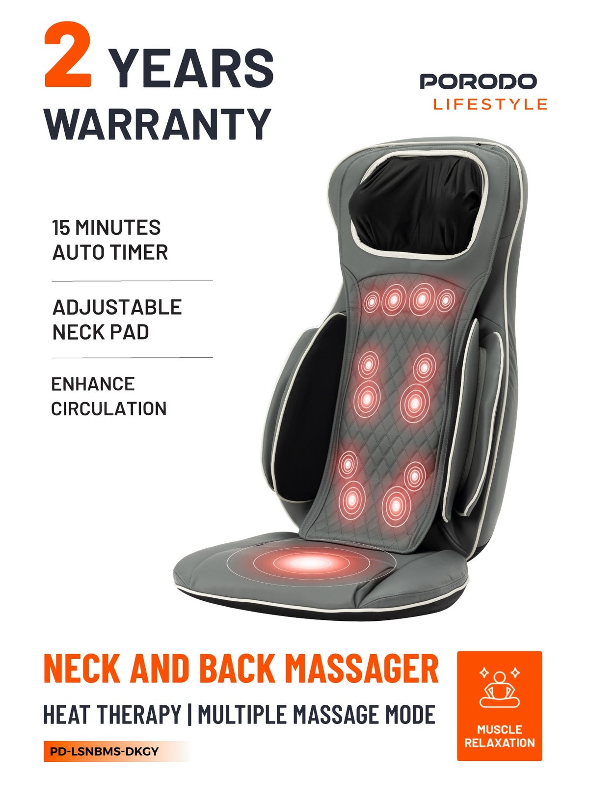 porodo Lifestyle Neck and Back Seat Massager Heat Therapy,3 Intensivity ...