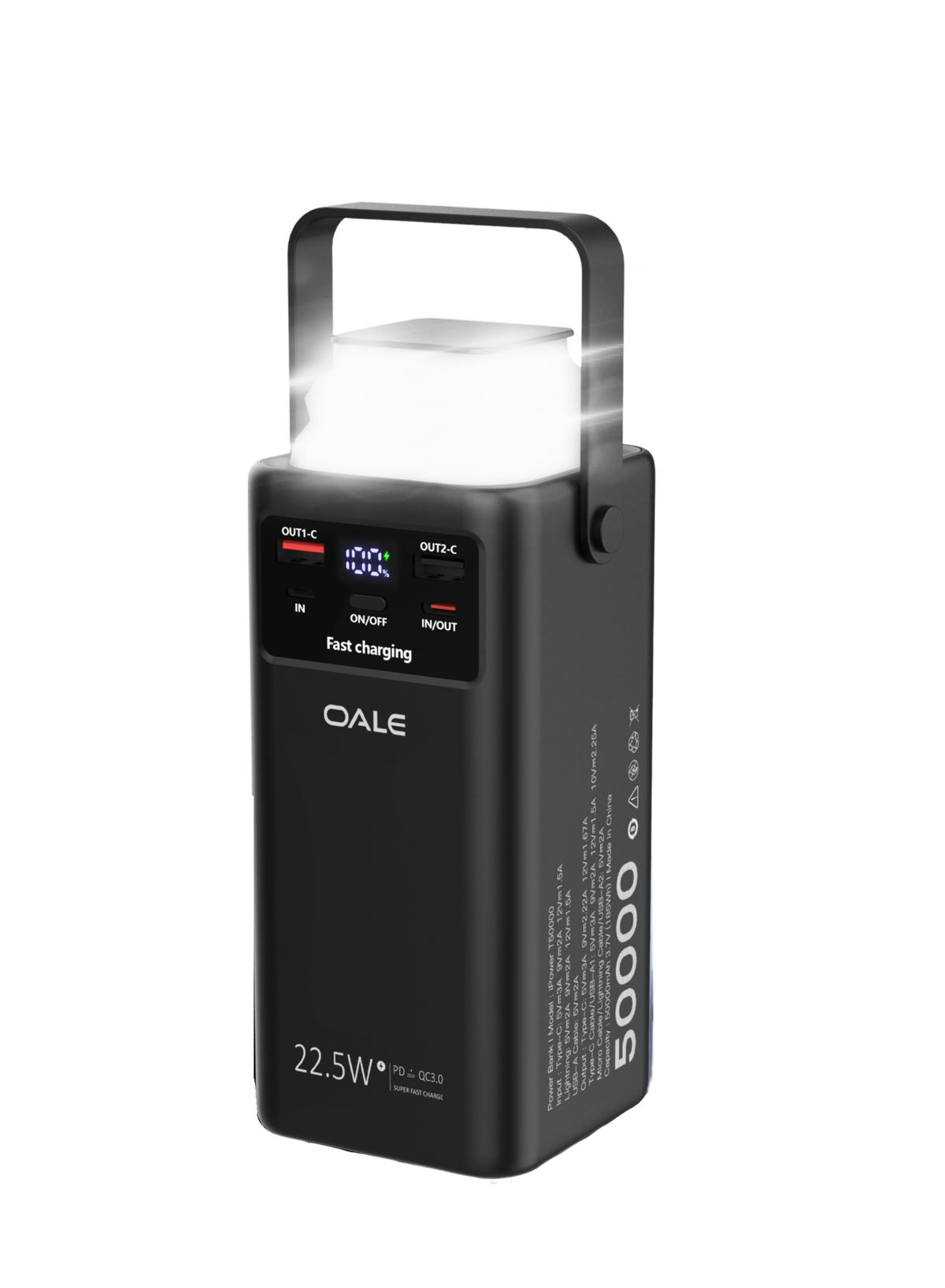 OALE 50000mAh Power Bank with LED Display & Camping Lamp – 22.5W PD ...