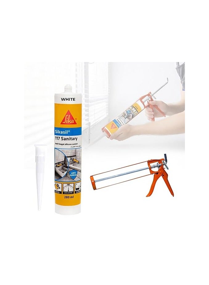 SIKA Sika 117 Silicone Sealant White with Silicone Gun Anti-fungal ...