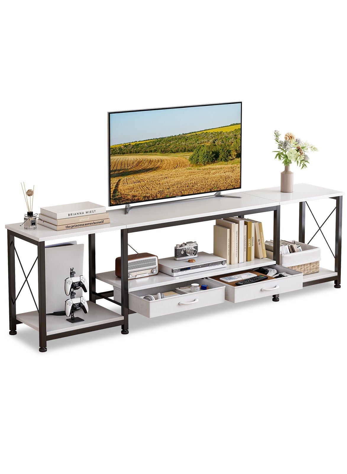 ALIVINGHOME TV Stand with 2 Fabric Drawers, 69 Inch Small Entertainment ...