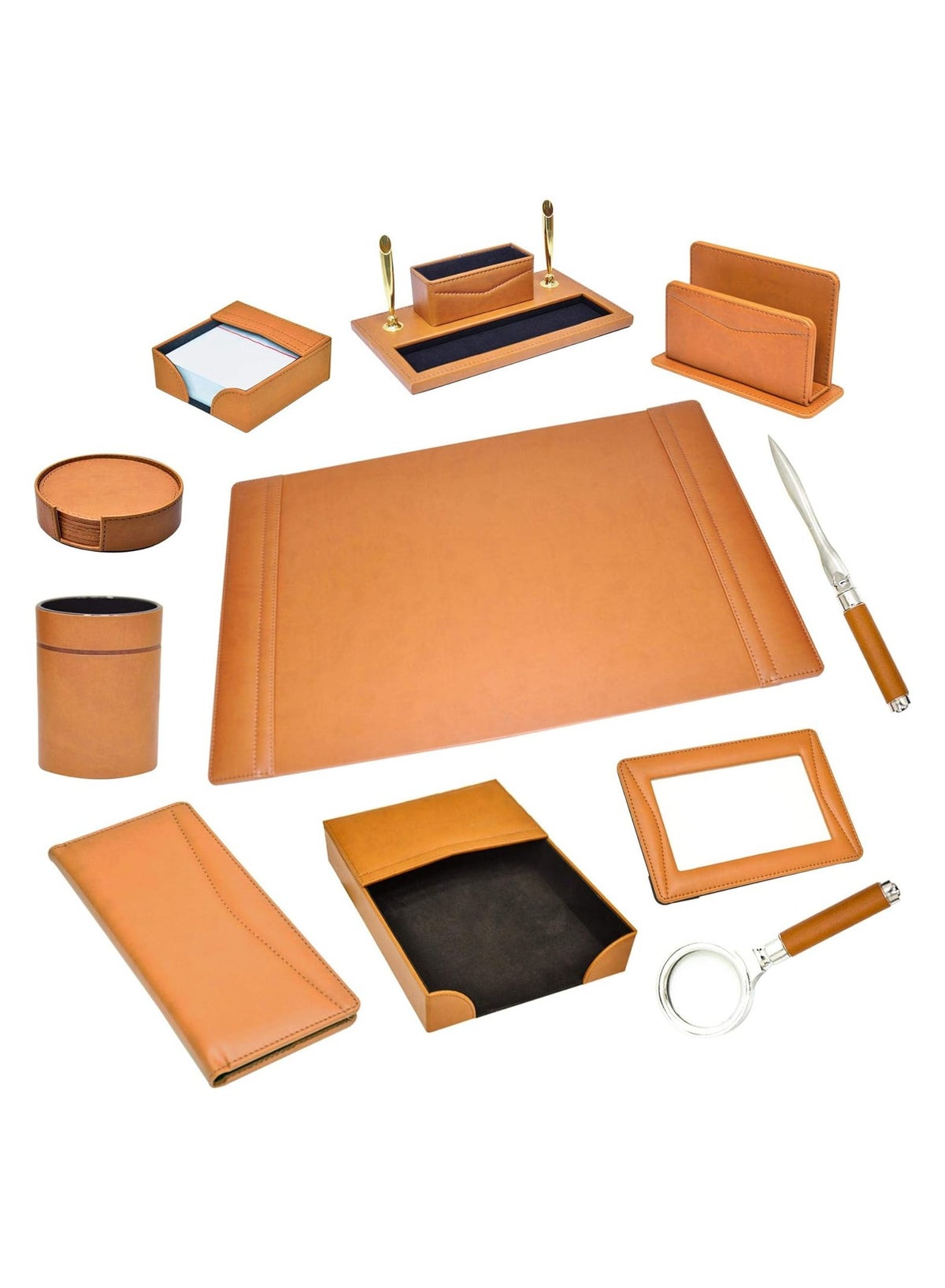 FIS FIS 11 Pieces Executive Desk Set Italian PU, Light Brown Color ...