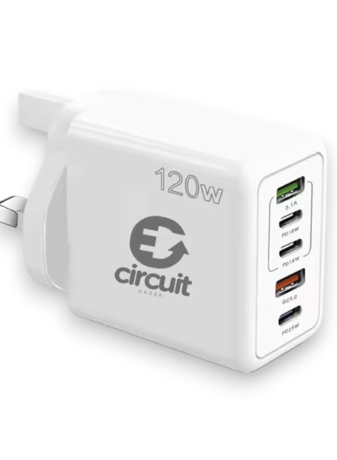 Circuit Green 120W PD QC 3.0 Type C USB Charger Adapter (White), 5-Port ...
