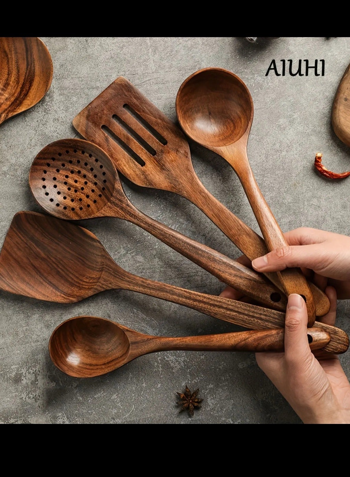 wood Wooden Kitchen Spoon Set for Cooking, 5 Pieces Acacia Wood Spoons ...