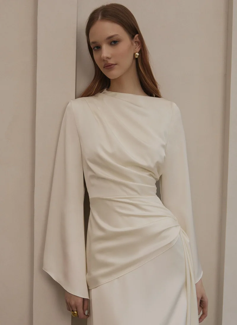 Lichi Maxi satin dress with long sleeves and asymmetrical draping for ...