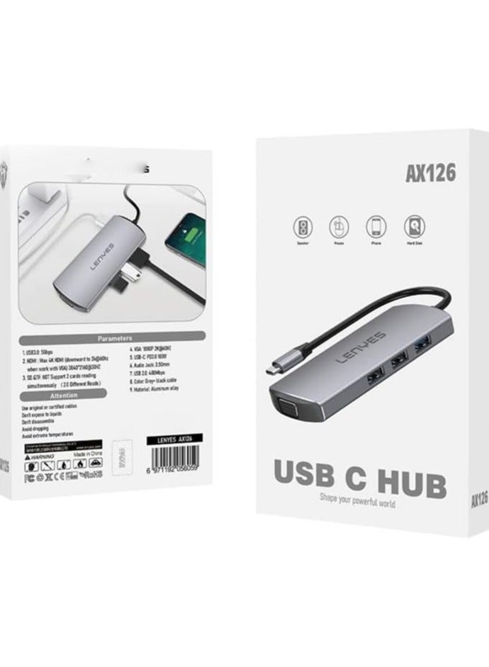 Lenyes 9 IN1 HUB USB LENYES AX126 Adapter Converter Type C To USB 2.0 3.0 VGA HDMI 4K LAN RJ45 ...